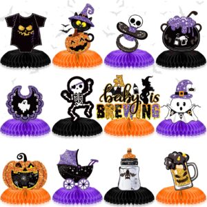 12 pieces halloween baby shower decorations halloween a baby is brewing honeycomb centerpieces a baby is brewing table centerpieces for halloween gender reveal party favor supplies (purple, black)