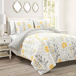 lush decor aprile reversible soft cotton duvet cover, 3 piece set, full/ queen, yellow & gray - spring bedding set - yellow flower & leaf print - floral duvet cover - cottage & farmhouse bedroom decor