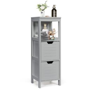 costway bathroom storage cabinet, freestanding wooden side storage cabinet with 2 adjustable drawers, space-saving floor cabinet for living room bathroom bedroom entryway (grey)