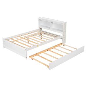 Bellemave Full Bed with Trundle and Bookcase Headboard Wood Platform Beds with Storage and Slat Support for Kids Boys Girls Teens, White