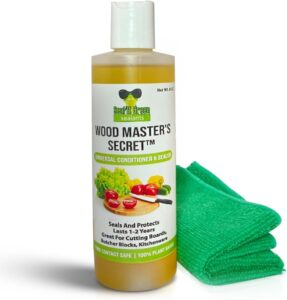 wood master's secret non-toxic, food safe cutting board oil, conditioner & sealer. exceeds fda food contact surface regulations. also works on butcher blocks, wood counters & more (8oz)