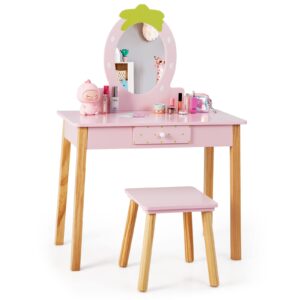 honey joy kids vanity, strawberry themed princess makeup vanity set for little girls, real oval mirror, toddler bedroom dressing table & stool set, wooden girls vanity set with mirror and stool, pink