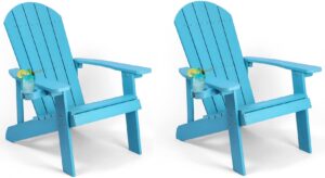 homeqomi adirondack chairs set of 2, all weather resistant plastic chairs with cup holder, 5 easy steps to install, outdoor chairs for patio, garden, backyard deck, lawn, fire pit - lake blue