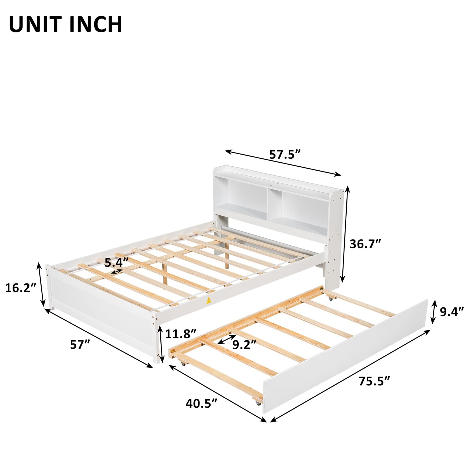 Bellemave Full Bed with Trundle and Bookcase Headboard Wood Platform Beds with Storage and Slat Support for Kids Boys Girls Teens, White