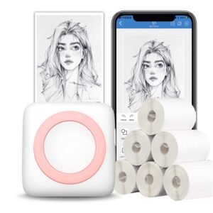 letsketch portable pocket printer, thermal label maker, sticker printer bluetooth receipt printer compatible with android & ios 300dpi for journal book/note/label/photo(7 rolls thermal paper, pink)