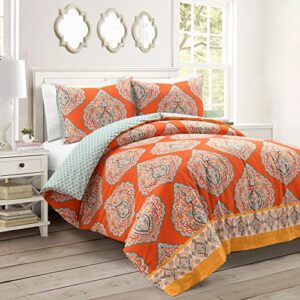 lush decor harley reversible cotton duvet cover set, 3 piece set, full/ queen, tangerine - boho bedding set - orange duvet cover - bold & colorful paisley duvet cover - maximalist & boho bedroom decor