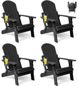 folding adirondack chairs set of 4, all weather resistant plastic chairs with cup holder, fold or unfold easily in 1 second, outdoor chairs for patio, garden, backyard deck, lawn fire pi t- black