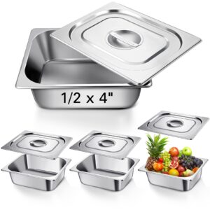 baderke stainless steam hotel pans with lids, 0.7 mm thick 304 stainless steel hotel pan anti clogging steam table pan for food warmer cooking heat, multi size (4 pack, 1/2 half size x 4 inch deep)