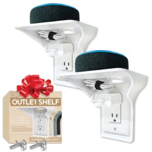 beratek industries power perch wall outlet shelf - convert your outlet into display shelves - alexa speaker stand, electric toothbrush holder - light socket shelf by storage theory - 2 pack, white