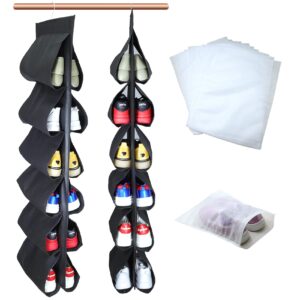 asoqwal 2 pack 12 large pockets hanging shoe organizer for closet with roating hanger for storage mens shoes,kids clothes,also can used as travel shoe rack hanging,black