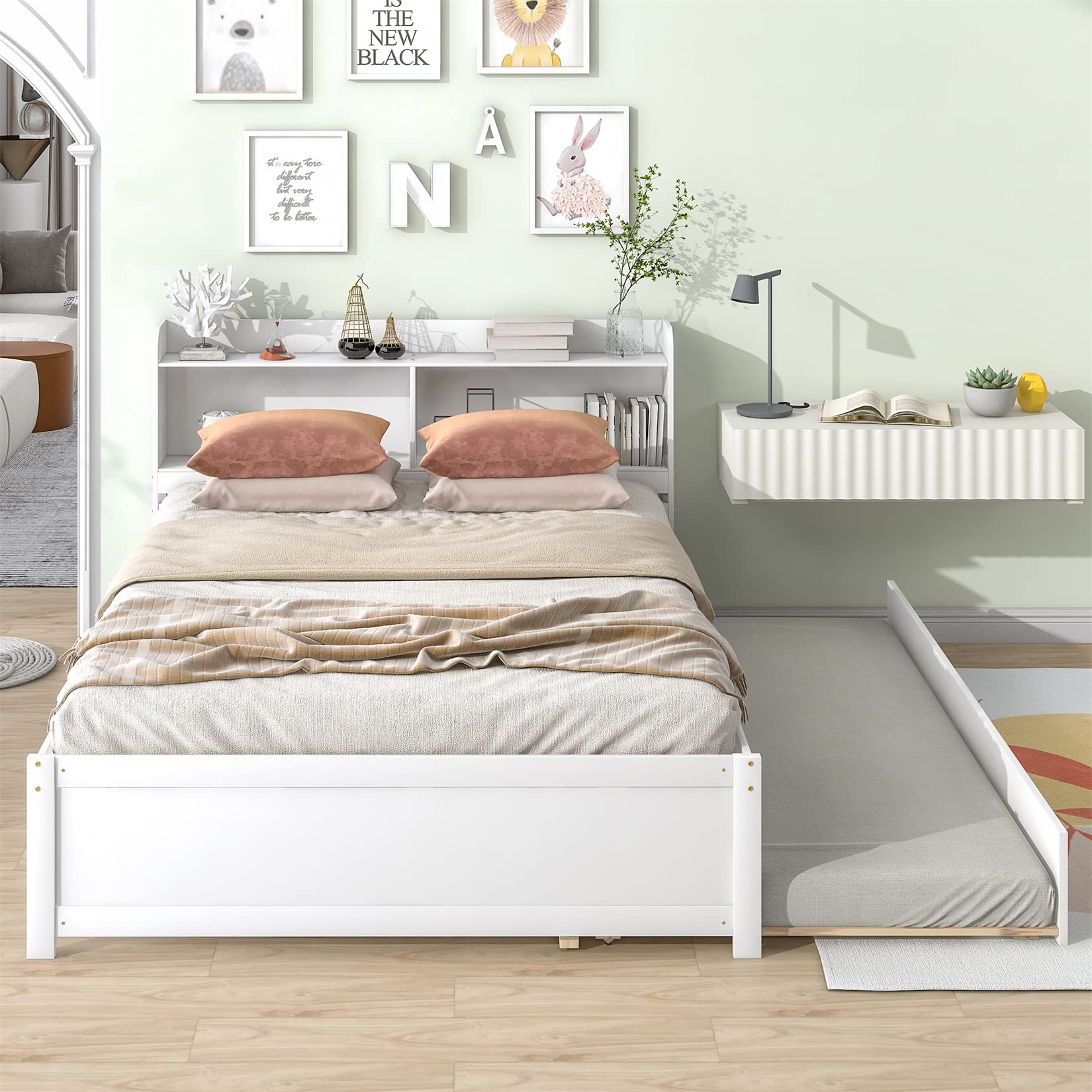 Bellemave Full Bed with Trundle and Bookcase Headboard Wood Platform Beds with Storage and Slat Support for Kids Boys Girls Teens, White