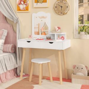 honey joy kids vanity, toddler dressing table & chair for bedroom, 2 storage drawer & square mirror, princess makeup vanity set for little girls age 3+, wood girls vanity set w/stool (white)