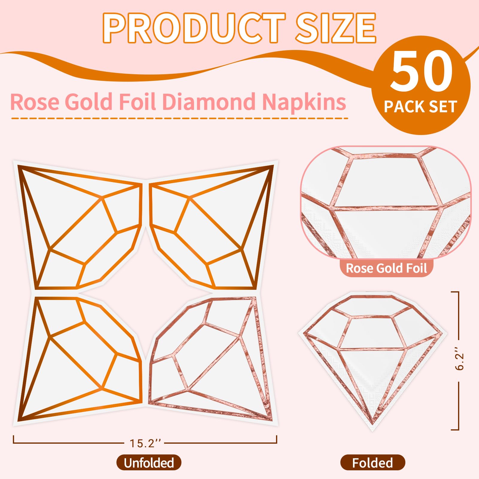 DYLIVeS Rose Gold Foiled Diamond Napkins, Diamond Shape Cocktail Paper Party Napkins Disposable for Baby Shower, Luncheon, Bridal Shower Birthday Party Supplies Decoration, 6.5 Inch (Pack of 50)