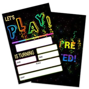 shlinco glow let's play birthday party invitations for boys girls, neon party invites for kids, double sided design(20 cards + envelopes)