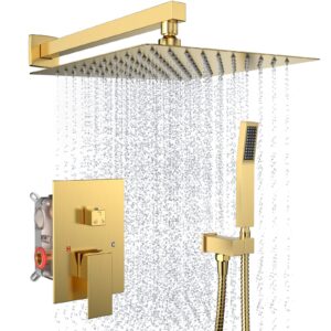 rain shower system 12 inches shower head with handheld combo set for bathroom,high pressure rainfall shower faucet set wall mounted,rough-in valve and trim kit(brushed gold)