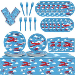 98 pieces airplane birthday party decorations supplies airplane party plates and napkins plane theme paper tableware set tablecloth baby shower for 24 guests 1st birthday helicopter favors for kids