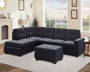 p purlove modern sectional sofa, reversible sectional sofa with storage ottoman, l shaped couch set with reversible chaise and two cup holders, for living room apartment, black