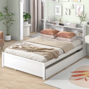 Bellemave Full Bed with Trundle and Bookcase Headboard Wood Platform Beds with Storage and Slat Support for Kids Boys Girls Teens, White