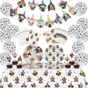 dog birthday party supplies serves 20, puppy party decorations dog party plates banner napkins paws balloons table cover and cake topper for doggy kids dog party decorations