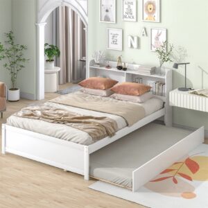 bellemave full bed with trundle and bookcase headboard wood platform beds with storage and slat support for kids boys girls teens, white