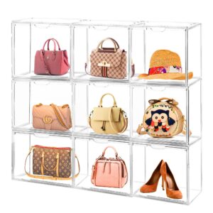 cutora 6pack purse organizer for closet clear acrylic display case handbag storage organizer box with magnetic door stackable storage bins with dustproof lid for book toys shoes cosmetic collectibles