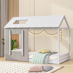 bellemave twin house bed wood kids floor frame cottage style cabin beds rustic design playhouse with roof and window for girls boys teens children, antique gray