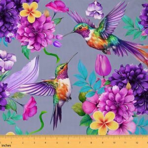 feelyou hummingbird fabric by the yard, farmhouse tropical birds floral upholstery fabric for chairs, watercolor hummingbird flowers decorative waterproof outdoor fabric, 1 yard, purple gray