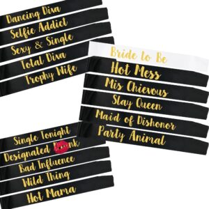 eouyt 16 pack amazing bachelorette party sashes 1 white bride to be sash and 15 black bridesmaid sashes for bachelorette party,bridal party,engagement party