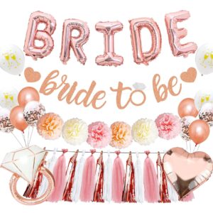 rose gold bridal shower decorations set bachelorette party decorations with bride to be banner, bride foil balloons, ring balloon, heart balloons, paper pom poms, tassel, ballon