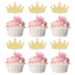 24pcs crown cupcake toppers glitter queen crown cupcake picks for queen princess theme baby shower girls wedding birthday party cake decorations supplies gold