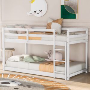 zjiah solid wood twin over twin floor bunk bed w ladder, safety guard rails, wooden twin bunk beds for teens/adults, low bed frame bedroom furniture, no box spring required, white