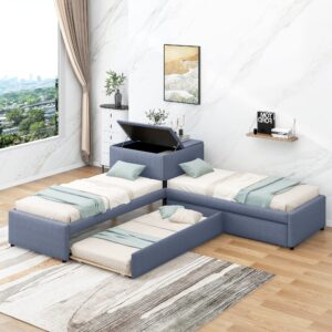 l shaped upholstered platform bed with trundle and two drawers linked with built-in desk, solid wood bed frame twin size (twin, gray)