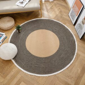 mvsuta boho tassel tan and black 24" round washable chic bohemian indoor hand woven cotton cord circle carpet for living room soft area rugs,small size 2' round