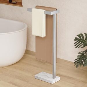 natural mable standing towel rack with weighted base, kes free standing towel rack for bathroom with 2x wider sturdy tube, 2-tier towel stand for bathroom floor, brushed steel, bth225-2