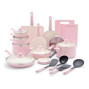 greenlife soft grip healthy ceramic nonstick 23 piece kitchen cookware pots and frying sauce saute pans set with kitchen utensils, pfas-free, dishwasher safe, pink