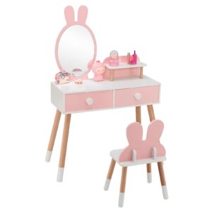 glacer kids vanity table and chair set, vanity set with chair, removable mirror, 2 large drawers, storage shelf and beech wood legs for girls, makeup dressing table and chair for toddlers, pink