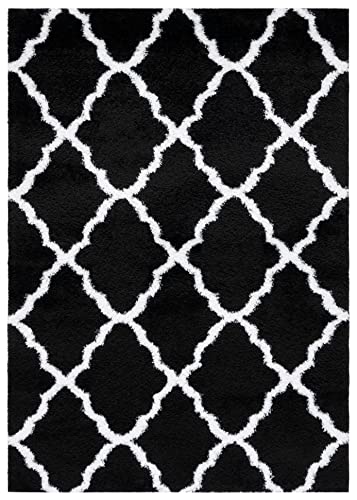 SAFAVIEH Tahoe Shag Collection Area Rug - 9' x 12', Black & White, Trellis Design, Non-Shedding & Easy Care, 1.2-inch Thick Ideal for High Traffic Areas in Living Room, Bedroom (THO675Z)