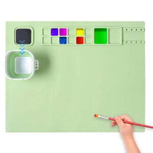 awoke silicone painting mat - 20"x16" silicone art mat with 1 water cup for kids - silcone craft mat has12 color dividers - 2 paint dividers (green)