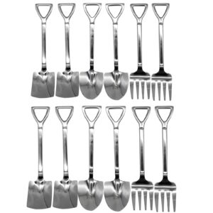 pinenjoy 12pcs shovel spoons and fork set 18/10(304) stainless steel spade shape silverware set 6.1inch mini spoon for dessert coffee yogurt cake fruit ice cream