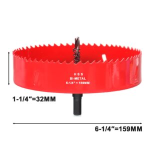 6-1/4 Inch Hole Saw for Recessed Lighting, 159mm HSS BI-Metal Hole Cutter for Wood, 32mm Cutting Depth Hole Cutter with Hex Shank Drill Bit Adapter for Cornhole Boards Plastic Drywall Fiberboard, Red