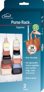 jokari heavy duty 16 hook over the door purse rack for hats and accessories. adjustable straps and movable velcro hooks to store, organize and display bags, scarves or caps saving closet storage space