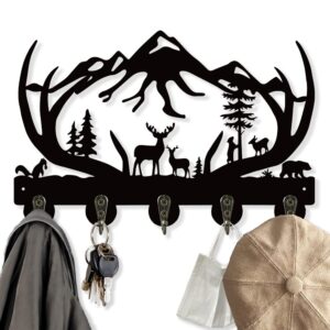 scitoy deer key hooks, animal theme wall mount organizer, wooden key holder with 5 metal hooks,19 * 29 * 3cm black home decoration for storage, living room, hallway, office