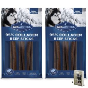 barkworthies 95% collagen beef sticks for dogs - 2 pack odor free bully sticks 6 inch - grain free, rawhide free, natural dog chews for puppy teething, dog training, and aggressive chewer & e-book