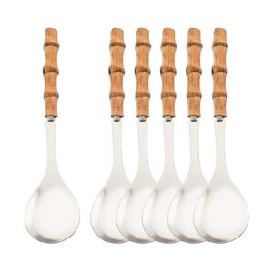 natural bamboo handle serving spoons set of 6, large size stainless steel dinner buffet catering banquet serving spoons, 10.0" silver big ladle tablespoons for home, family serving utensils