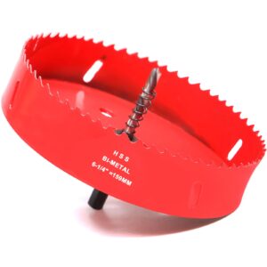 6-1/4 inch hole saw for recessed lighting, 159mm hss bi-metal hole cutter for wood, 32mm cutting depth hole cutter with hex shank drill bit adapter for cornhole boards plastic drywall fiberboard, red