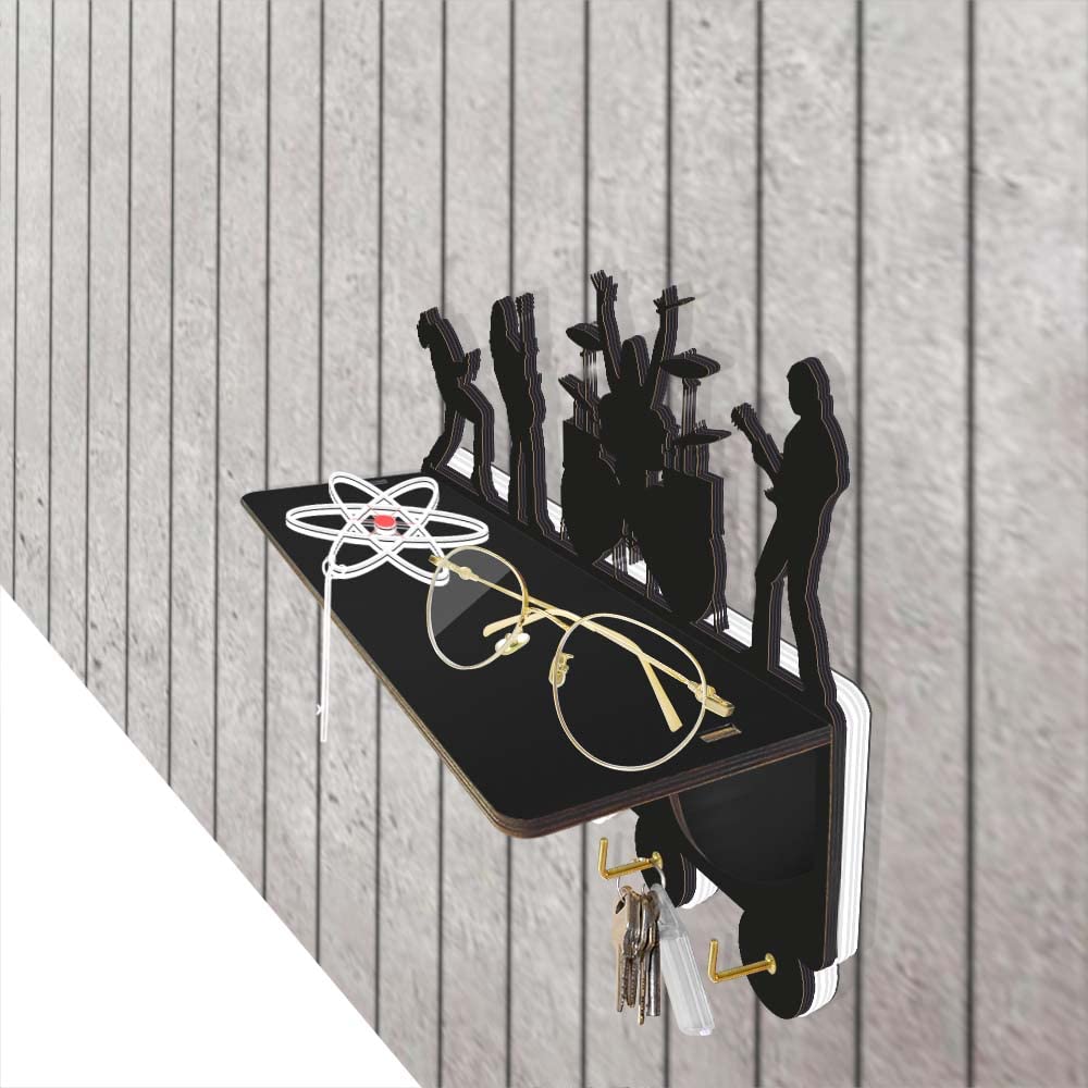 The Geeky Days Rock Band Key Holder for Wall, Musical Theme Wooden Wall Mounted Hat Coat Rack with Mail Medal Organizer Shelf, 5 Metal Hooks Hanger, for Music Lover Studio Hanging Decor