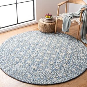 safavieh blossom collection area rug - 8' round, blue & ivory, handmade wool, ideal for high traffic areas in living room, bedroom (blm114m)