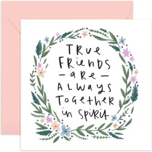 old english co. true friends together in spirit birthday card - cute flower wreath female card for best friend | happy floral gift for ladies, bff, her | blank inside & envelope included