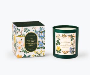 rifle paper co. candle | festive occasions and gatherings with decorative box and festive labels on soy candle base and 40+ hour burn time, high peaks of the adirondack forest