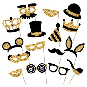 rtinle 16 pcs party photo booth props for birthday weddings graduation prom new year party supplies mix of hats, lipstick, tie, crowns (golden)